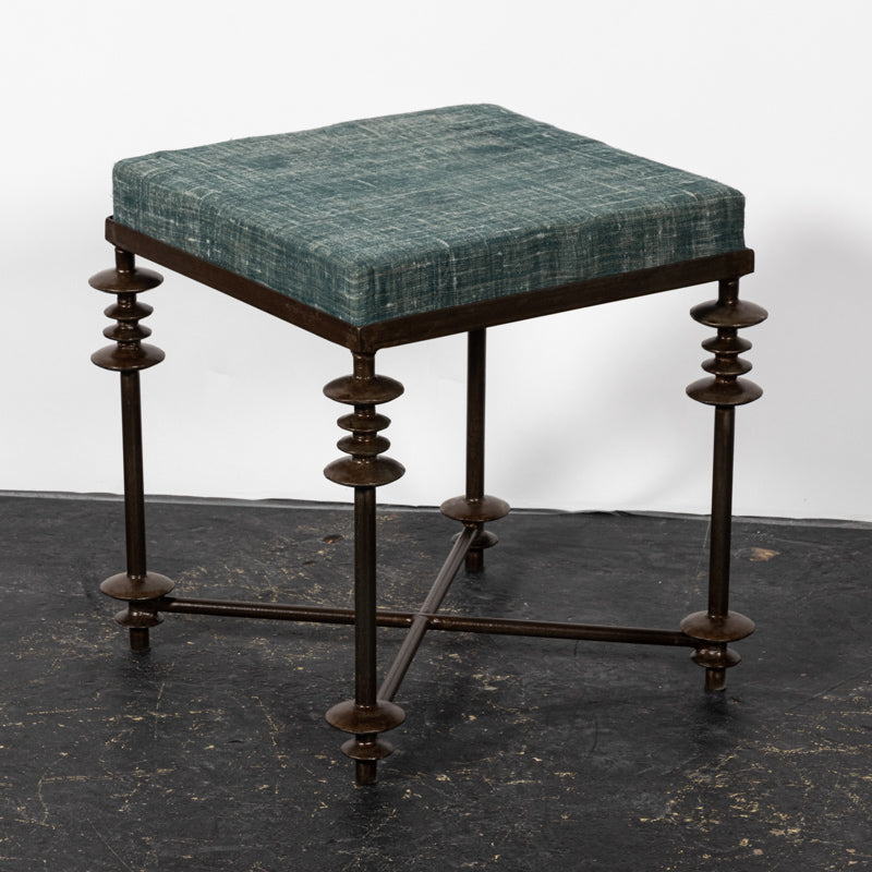 Upholstered Iron Stool with Blue Linen Seat – The Antique And Artisan ...